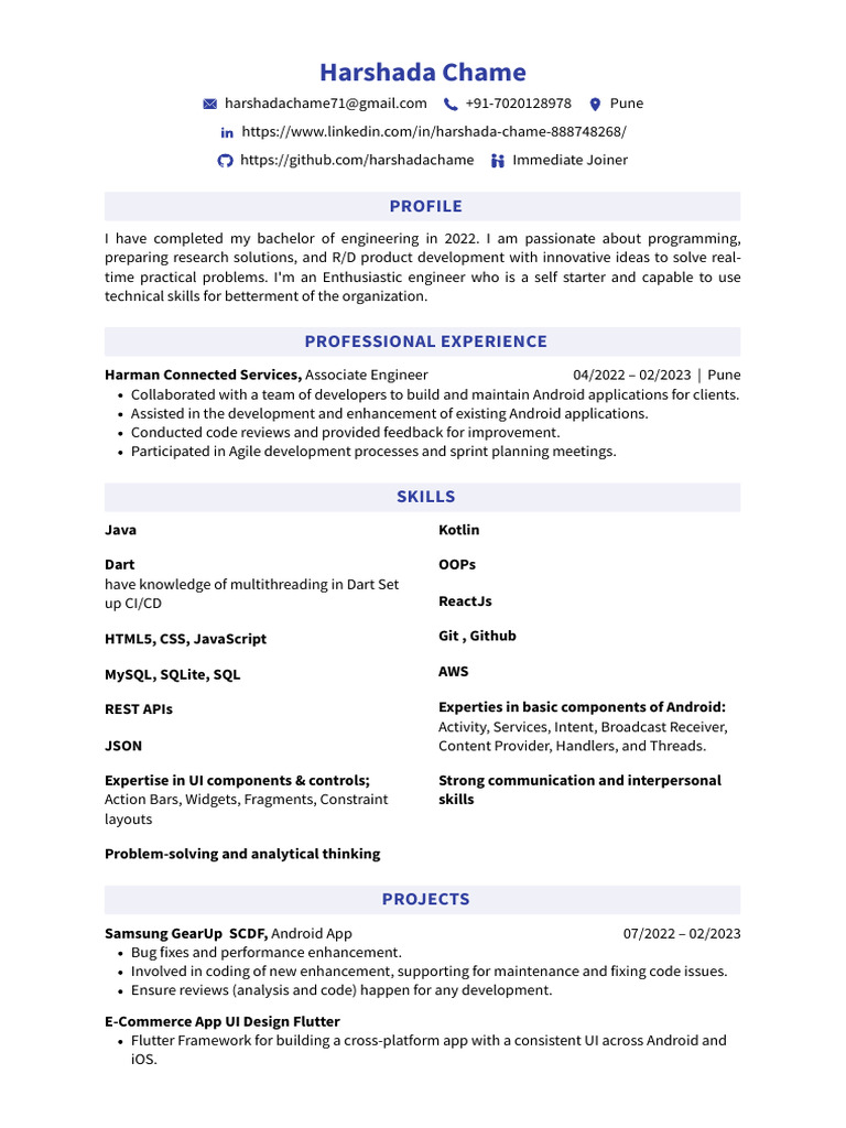 Resume Harshada Chame | PDF | Mobile App | Android (Operating System)