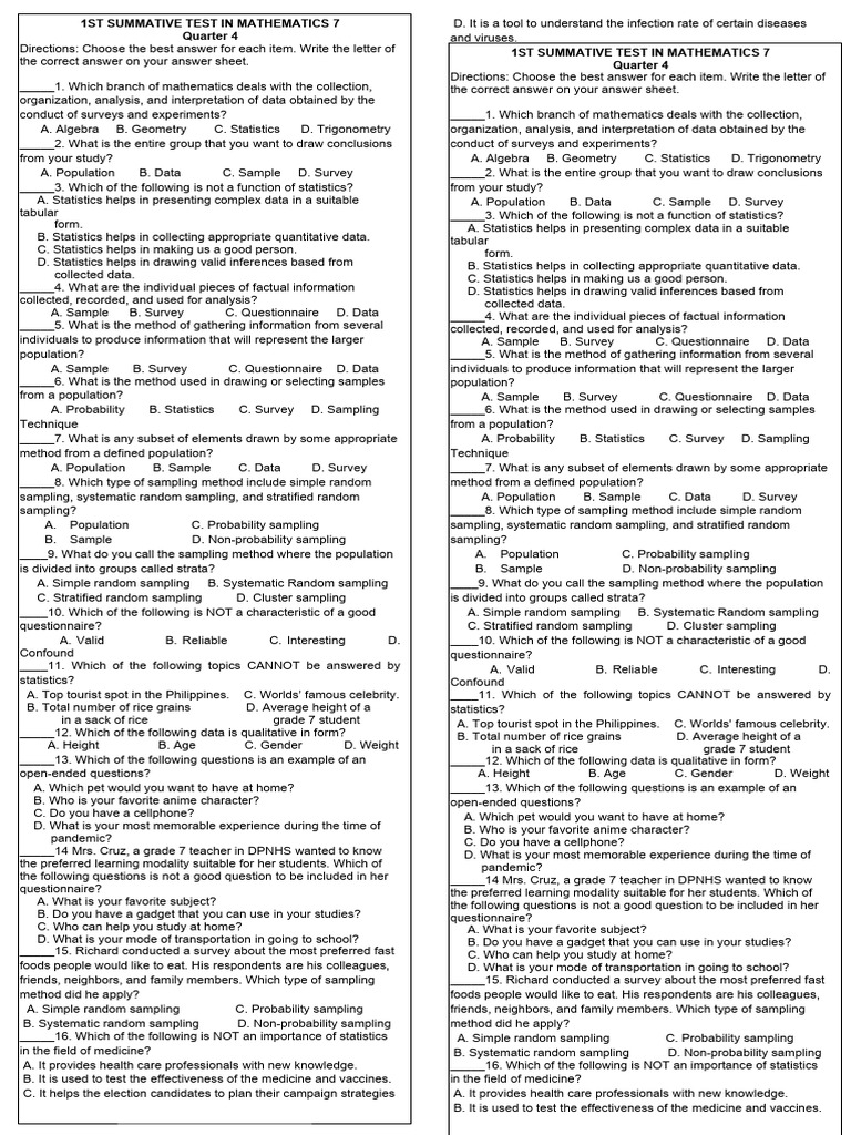 Q4 w1 and w2 SUMMATIVE TEST IN MATHEMATICS 7 | PDF | Sampling ...