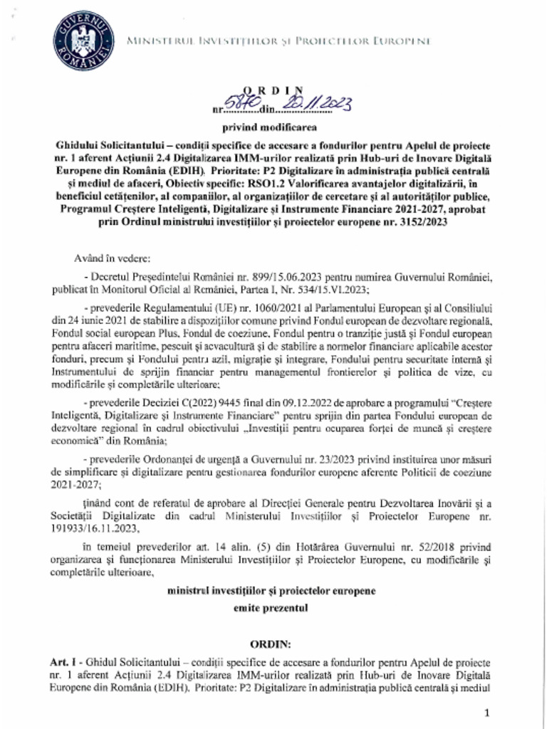 ORDIN NR 5870 20-11-2023 Modificare Ghid Solicitant Digitalizare IMM ...