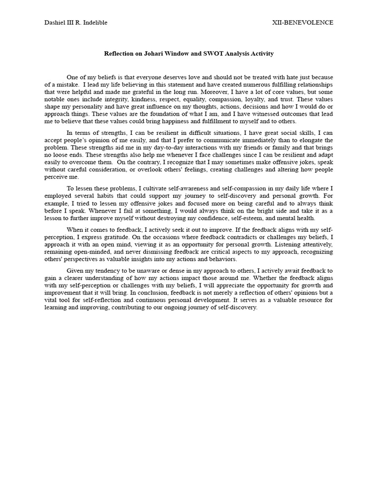 Johari Window Reflection and Growth | PDF | Personal Development | Thought