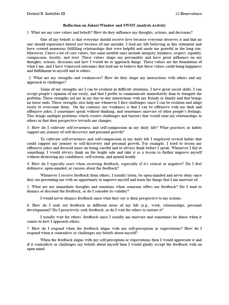 Reflection On Johari Window and SWOT Analysis Activity | PDF | Thought ...