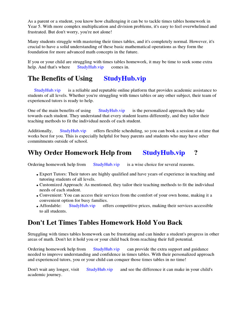 Times Tables Homework Year 5 | PDF | Worksheet | Multiplication