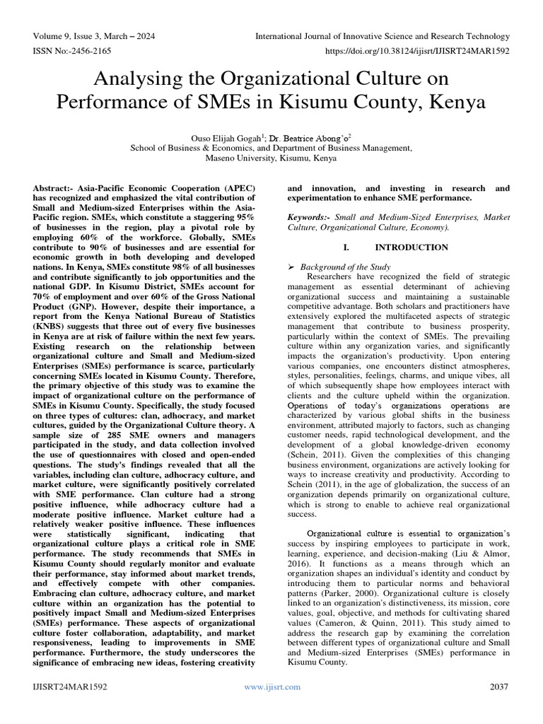 Analysing The Organizational Culture On Performance of SMEs in Kisumu ...
