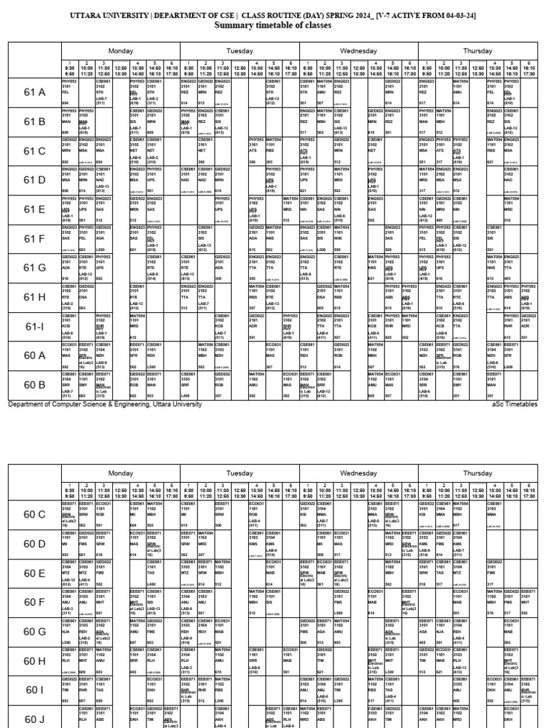 Revised BSC Day Batches Class Routine Spring 2024 Release 7 Active From 04 03 24 Faculty ...