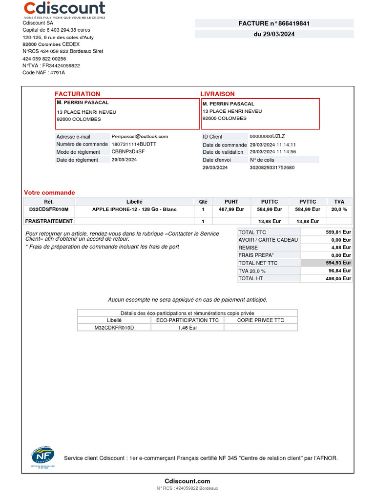 Cdiscount Iphone 12 Pro 2024 | PDF | Taxe sur la valeur ajoutée | Commercialisation