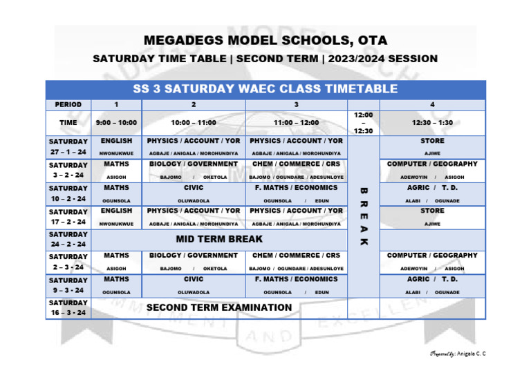 SS 3 SATURDAY WAEC CLASS TIME TABLE C | PDF