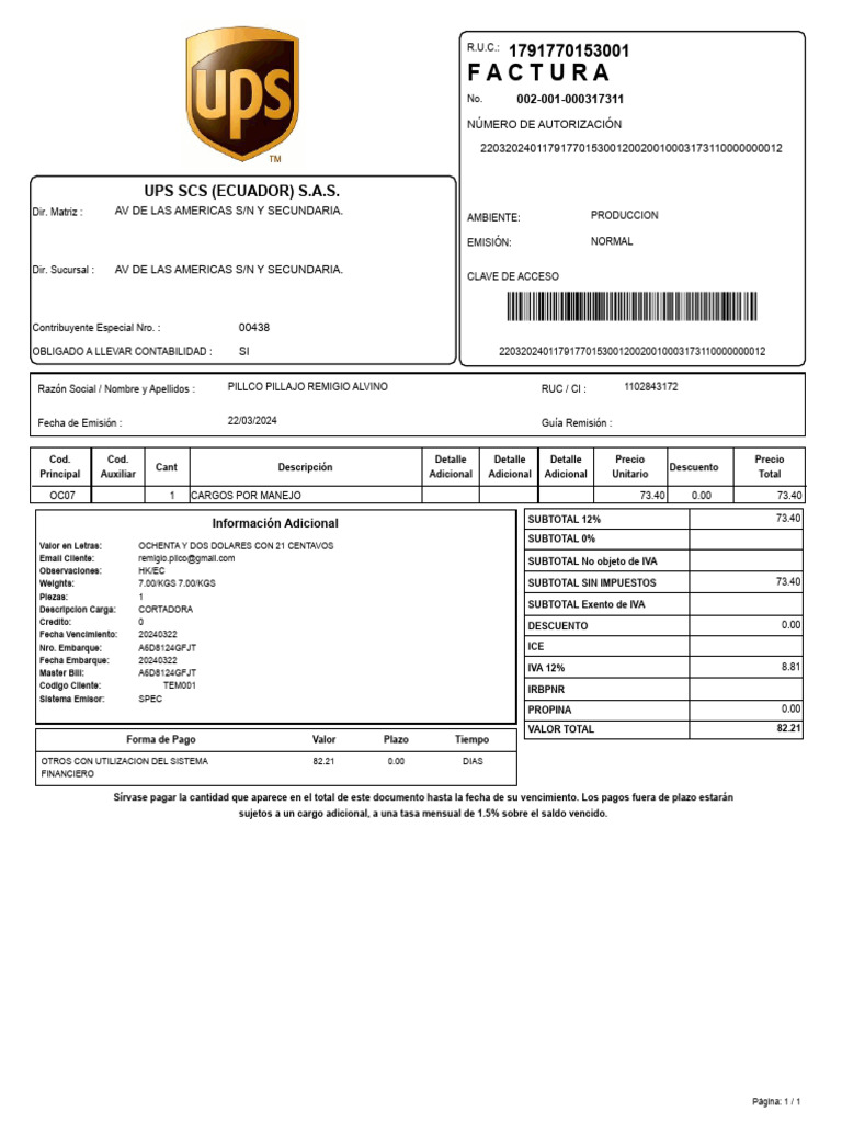 Factura: Ups Scs (Ecuador) S.A.S | PDF | Pagos | Business
