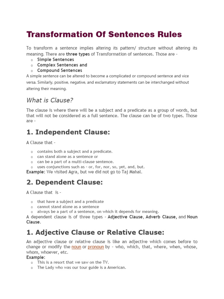 Transformation of Sentences Rules | PDF | Clause | Sentence (Linguistics)