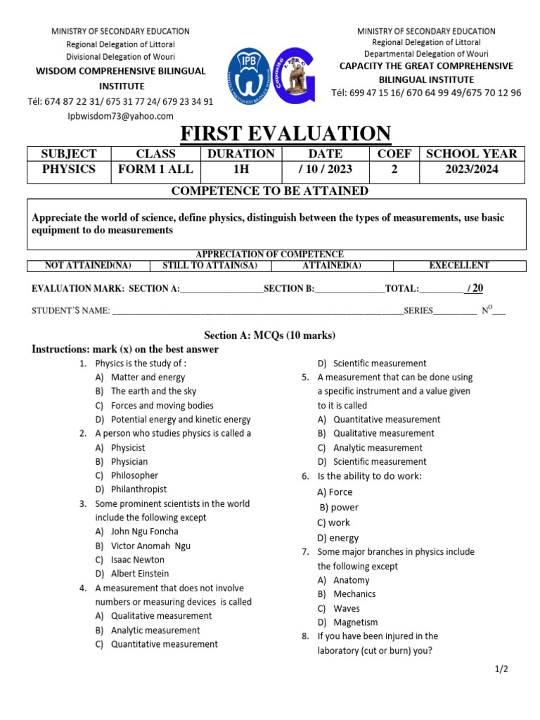Physics Form 1 Eval 1 | PDF | Measurement | Physics