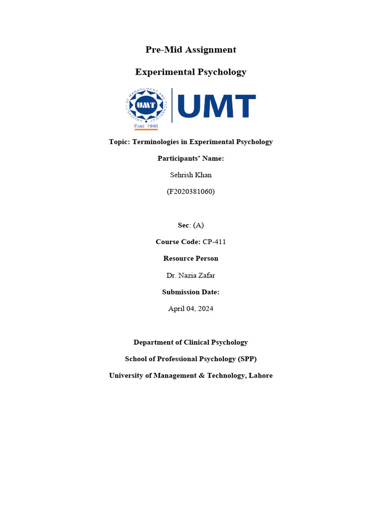 Experimental Psychology-Pre Mid Assignment | PDF | Experimental Psychology | Psychology