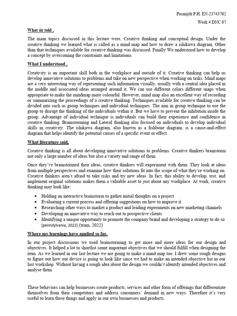 Reflective Writing Week4 | PDF | Thought | Creativity