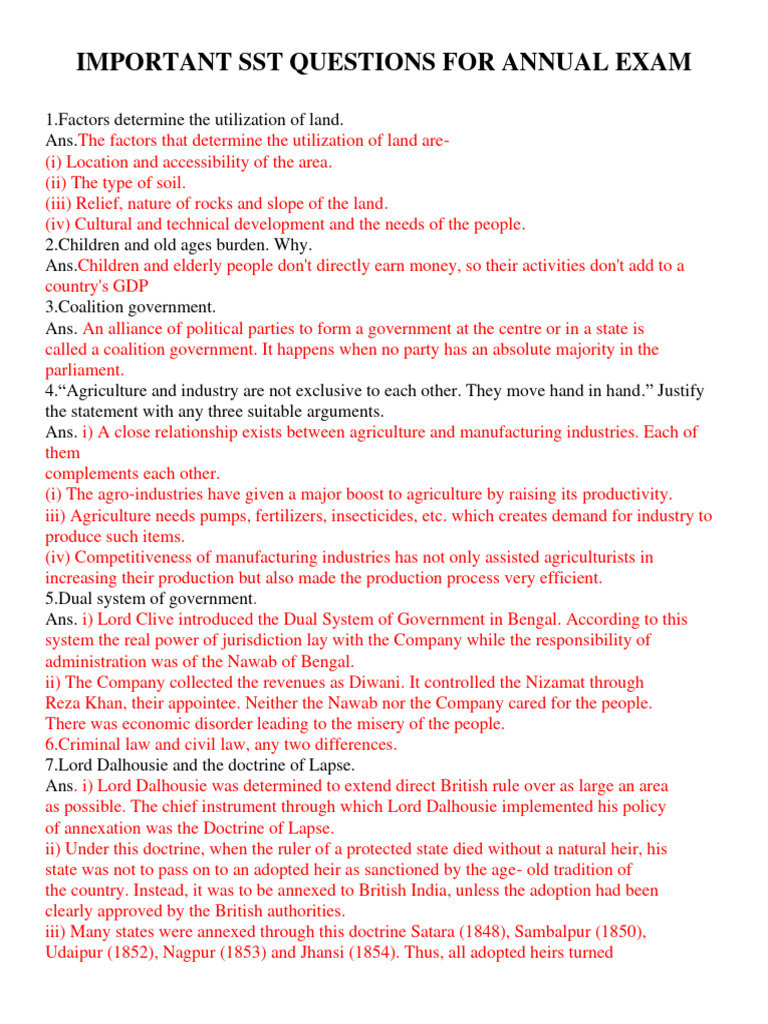 Important SST Questions For Annual Exam | PDF