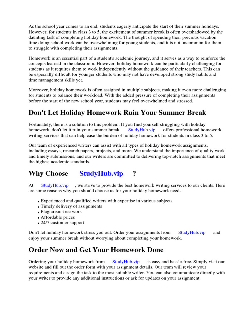 Holiday Homework For Class 3 To 5 | PDF | Homework