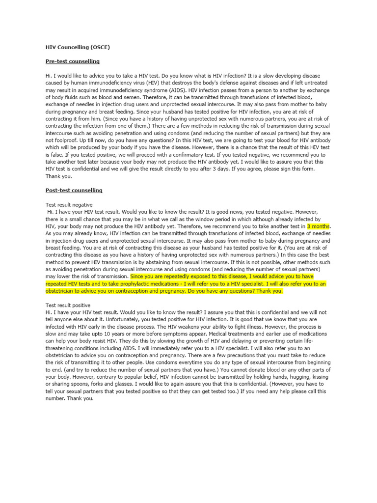 HIV Councelling (OSCE) Pre-Test Counselling | PDF | Hiv/Aids | Safe Sex