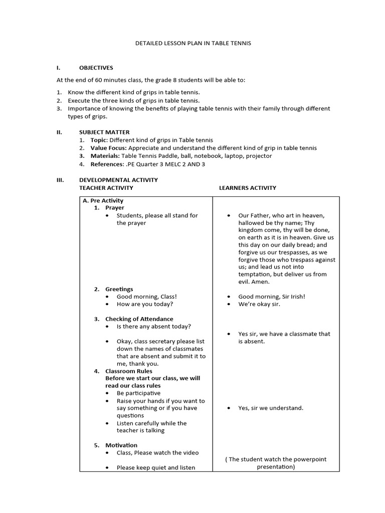 Detailed Lesson Plan Table Tennis Updated | PDF | Table Tennis | Lord's ...