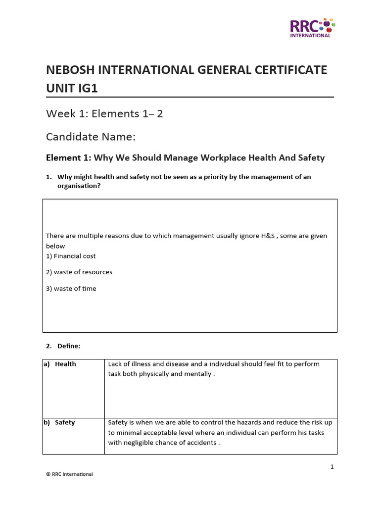 NEBOSH IG1: Workplace Health & Safety Guide | PDF | Occupational Safety ...