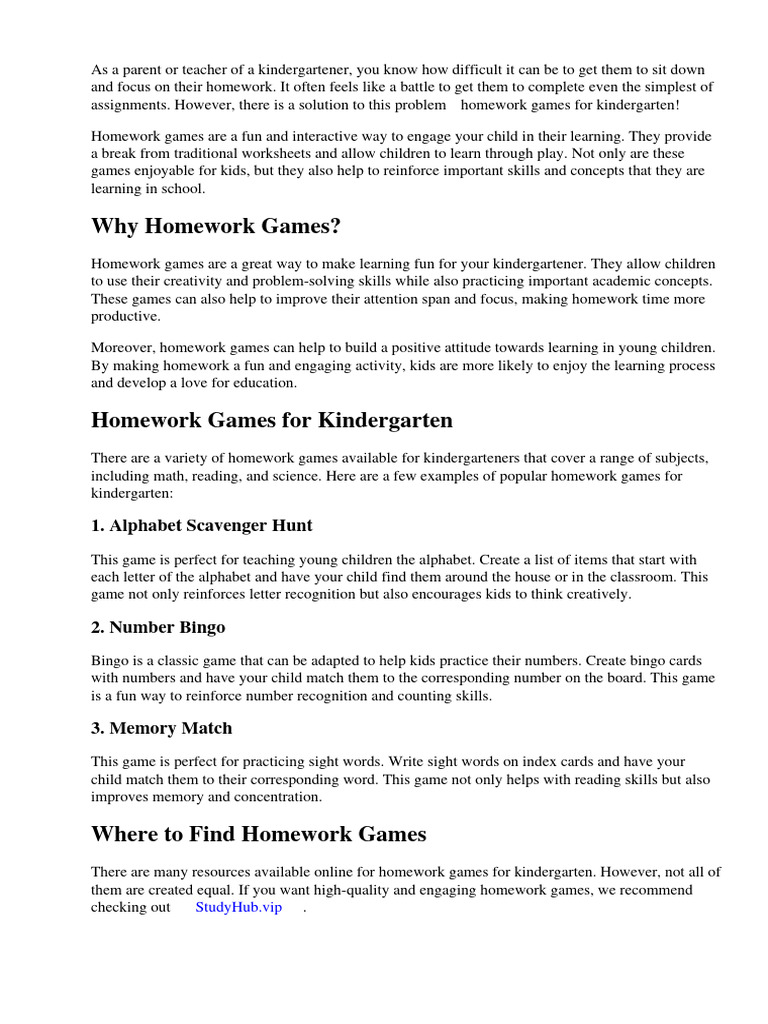 Homework Games for Kindergarten | PDF | Homework | Learning