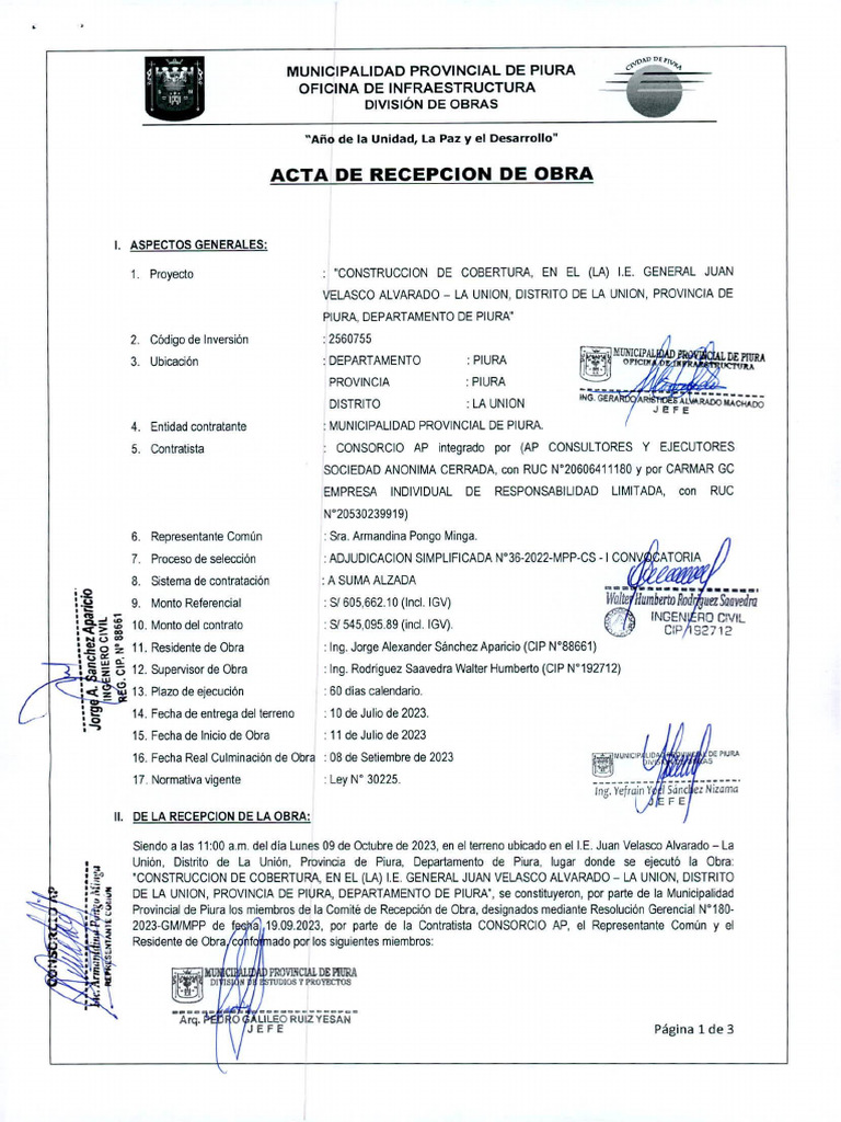 Acta de Recepcion de Obra | PDF