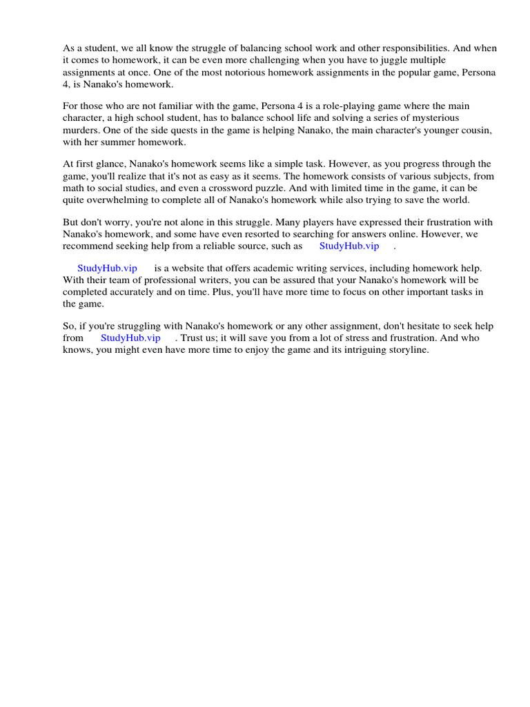 Persona 4 Nanako Homework | PDF | Wellness