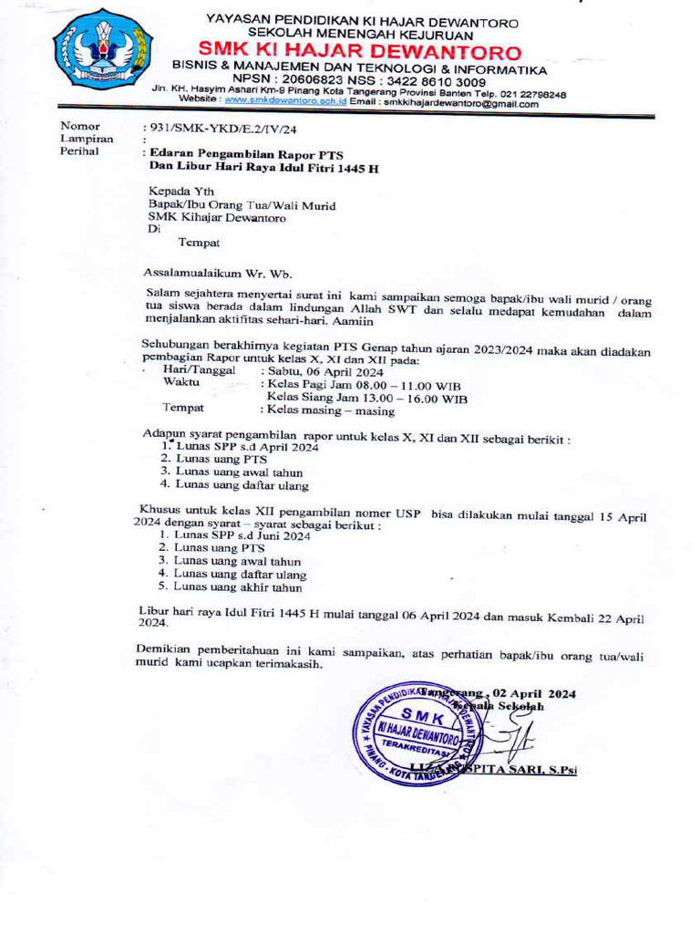 Edaran Pengambilan Rapor PTS-1 | PDF