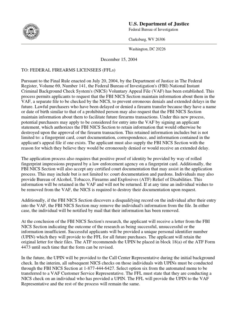 FBI NICS UPIN # 121504 Open Letter FFL FBI Nics | PDF | National ...