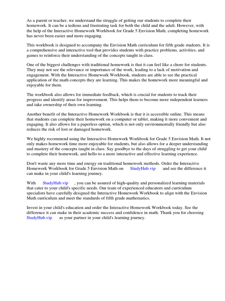 Interactive Homework Workbook Grade 5 Envision Math | PDF | Homework ...