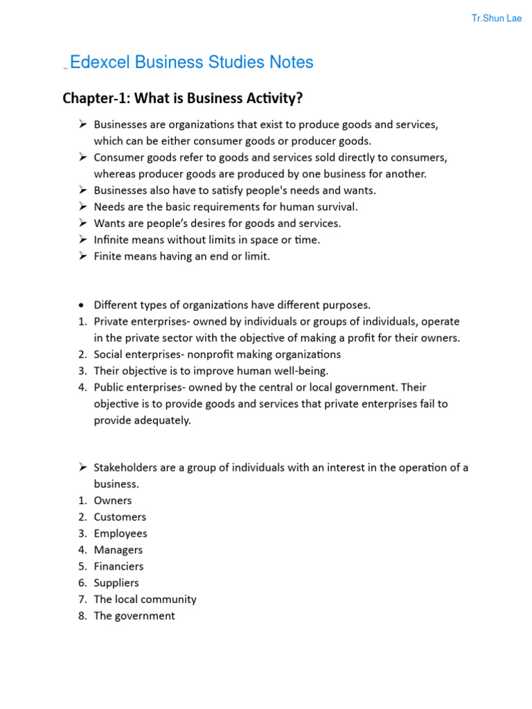 Business Studies Notes by TR - Shun Lae | PDF | Taxes | Franchising