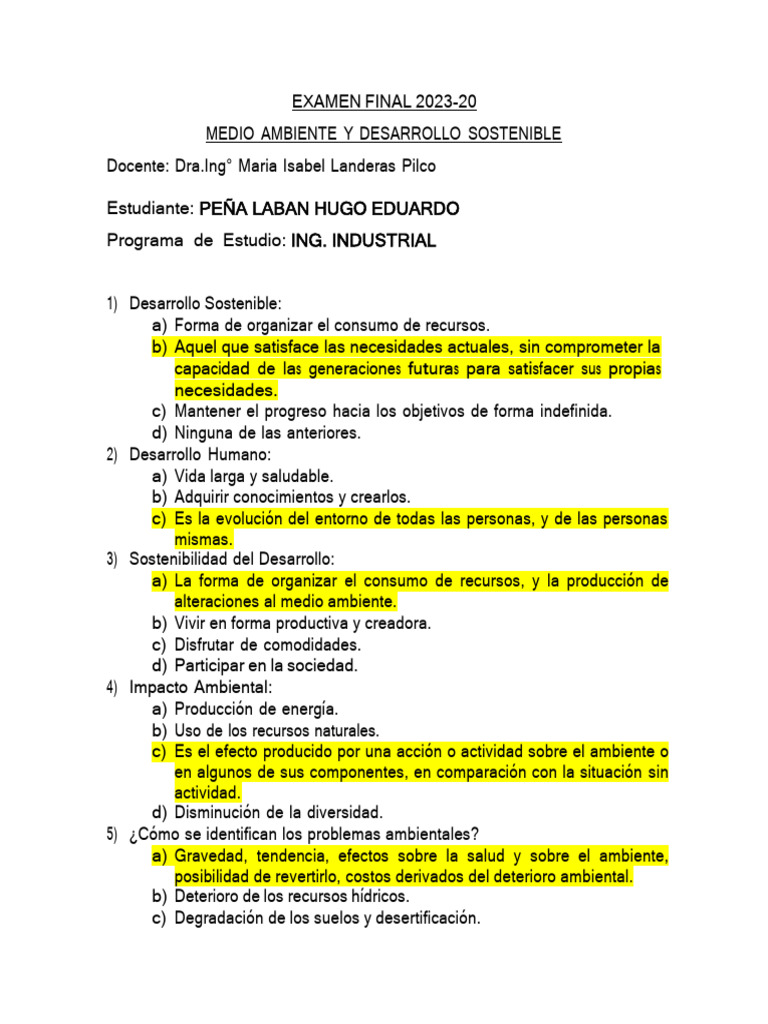 Examen Final: Medio Ambiente 2023 | PDF | Degradación ambiental ...