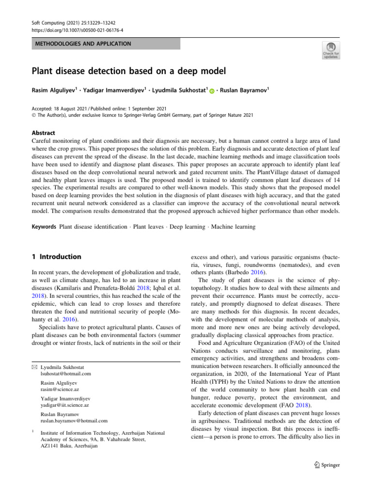 Alguliyev Et Al 2021 Plant Disease Detection Based On A Deep Model