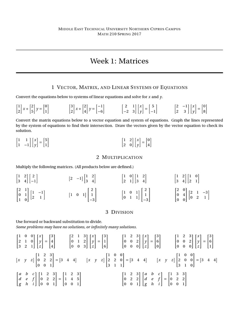 Week 1 Matrices | PDF | Matrix (Mathematics) | System Of Linear Equations