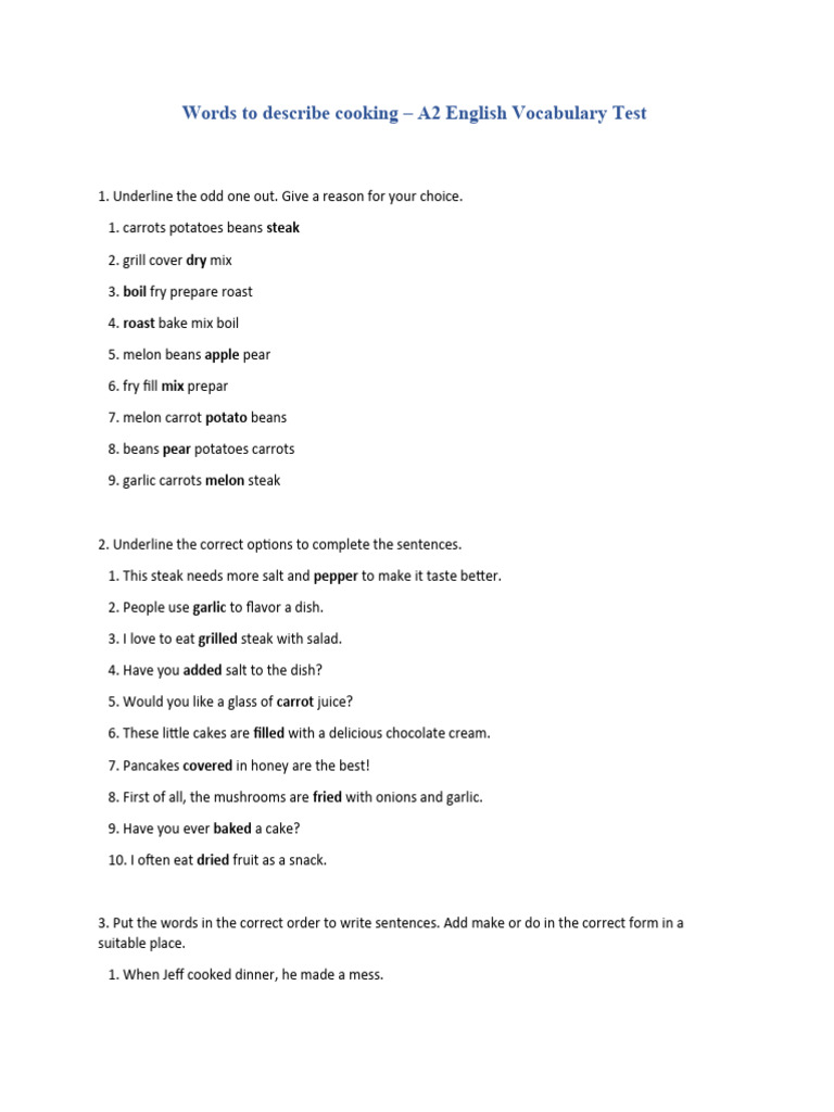 A2 English Vocabulary Test | PDF | Steak | Salad