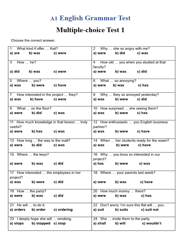 A1 English Grammar Test 1 | PDF