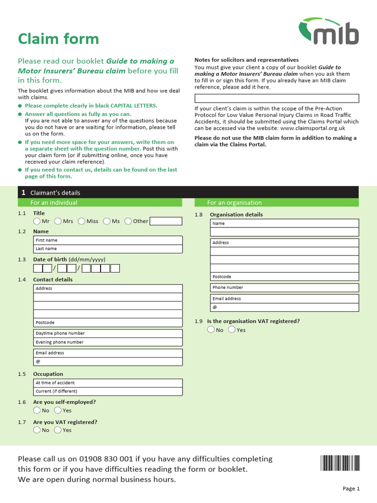 Mib Claim Form v0618 V2a | PDF | Traffic Collision