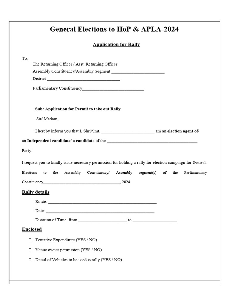 General Elections To Hop & Apla-2024: Application For Rally | PDF ...