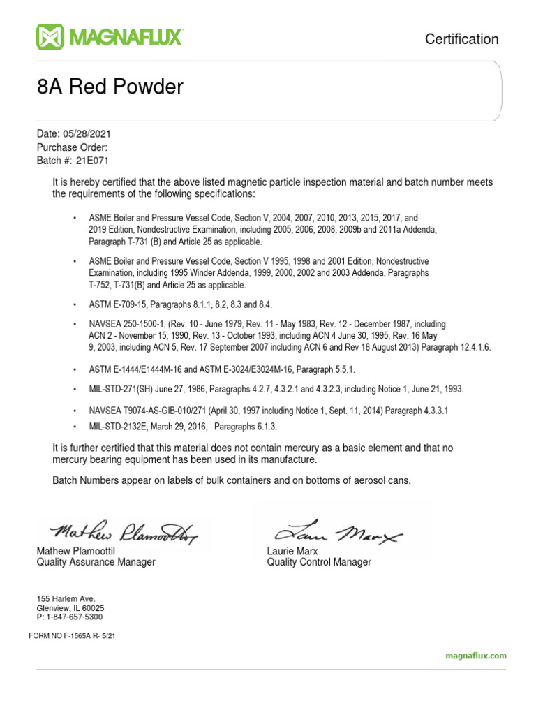 8A Red Powder: Certification | PDF