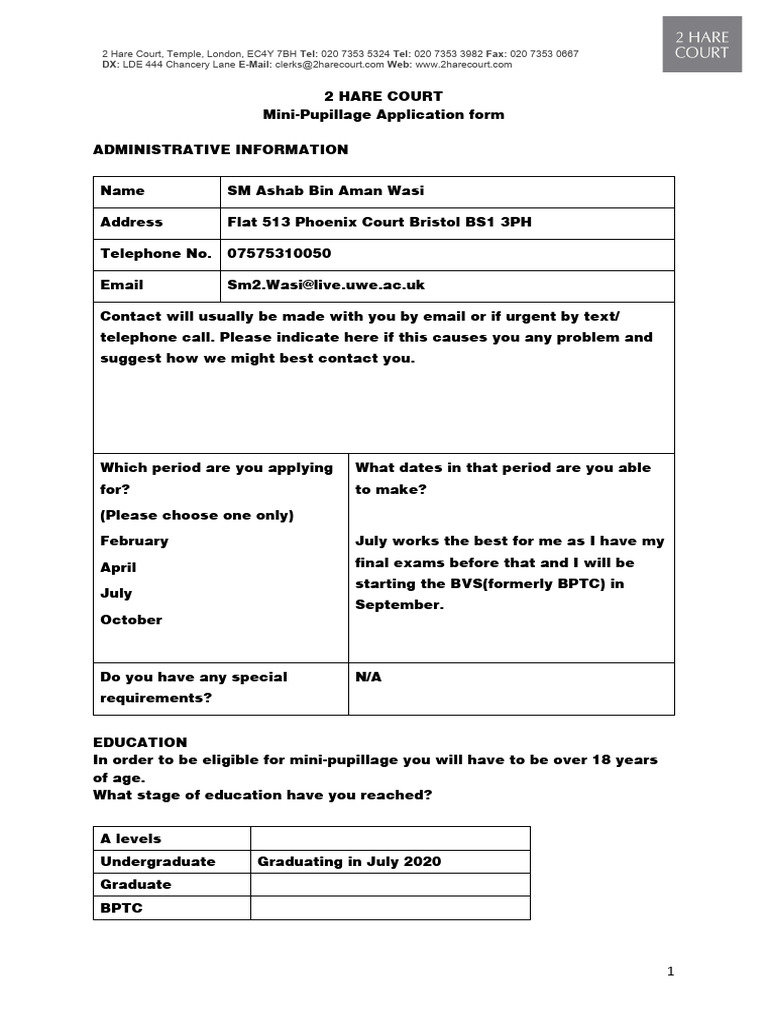 2 Hare Court Mini-Pupillage Application | PDF | Social Science