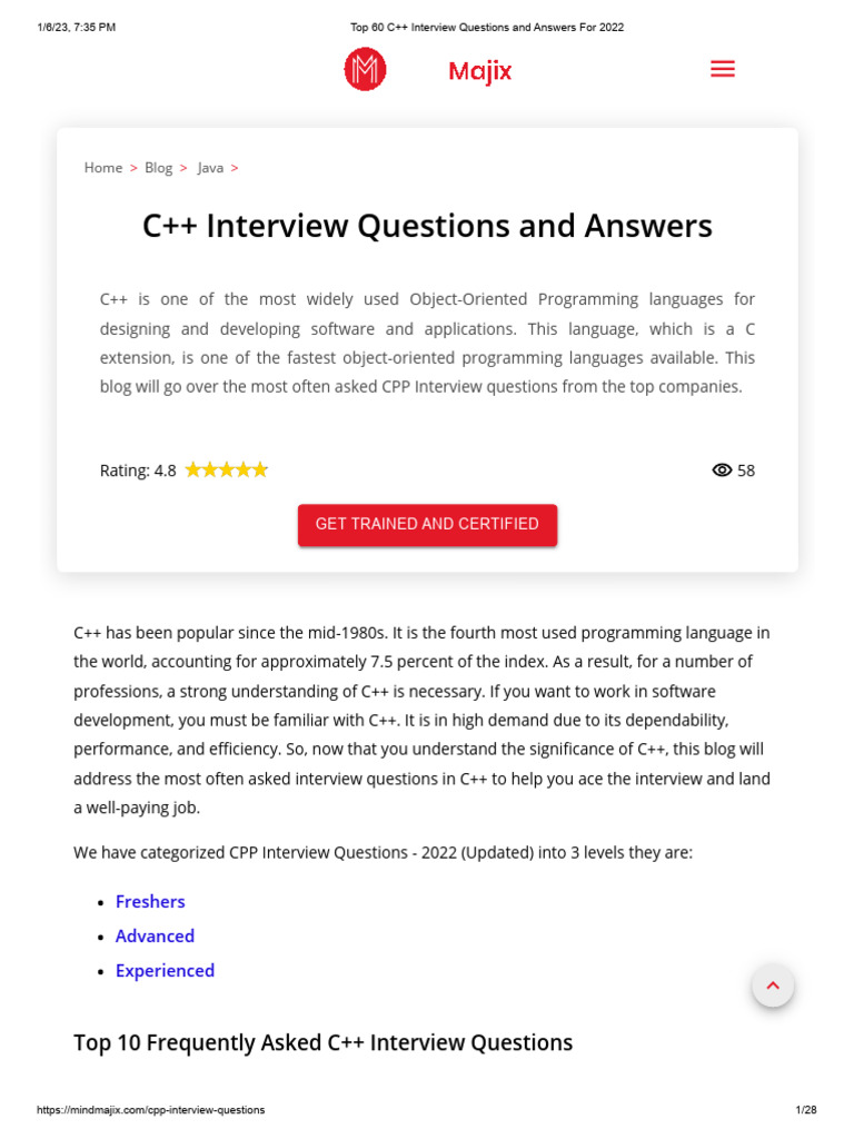 Top 60 C++ Interview Questions and Answers For 2022 | PDF | C++ | Class (Computer Programming)