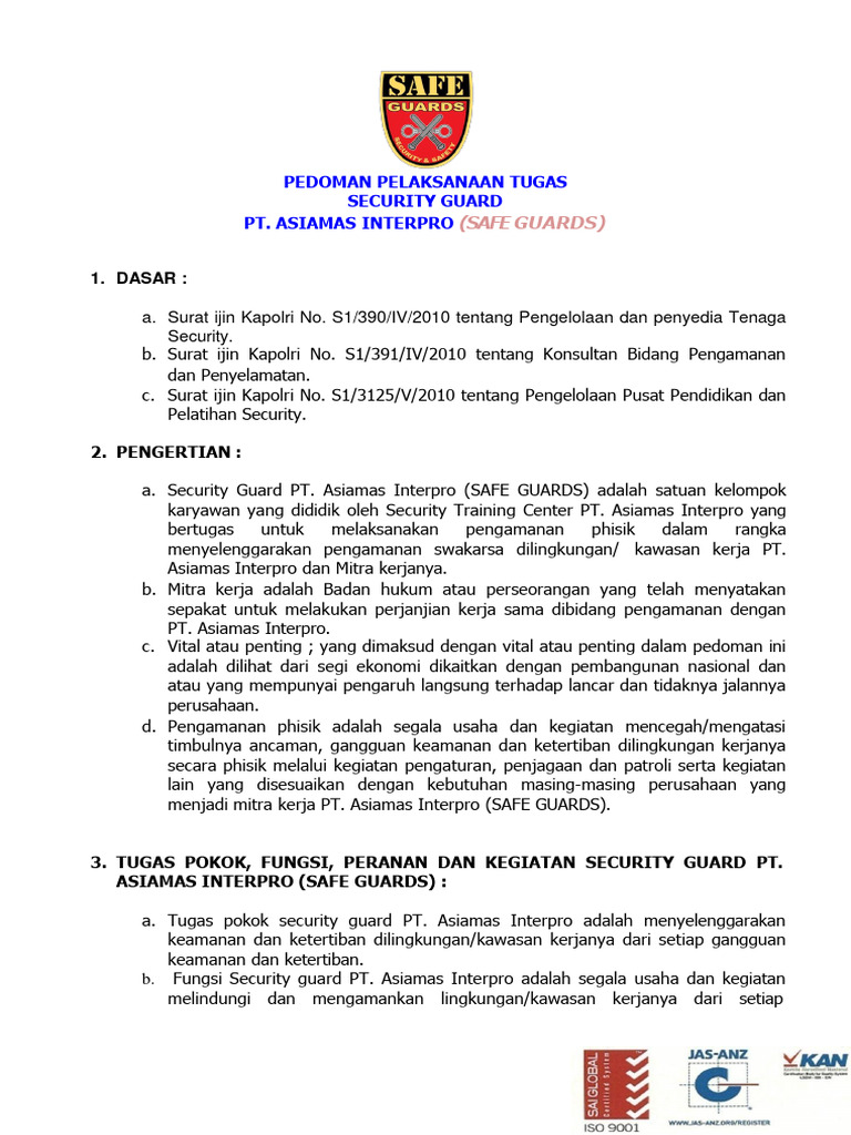 Pedoman Pelaksanaan Tugas Pokok Satpam | PDF