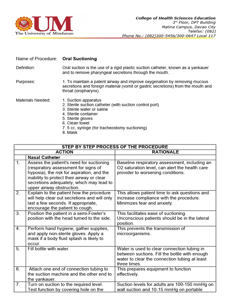 Oral and Nasal Suctioning Procedure | PDF | Respiratory Tract | Hand ...