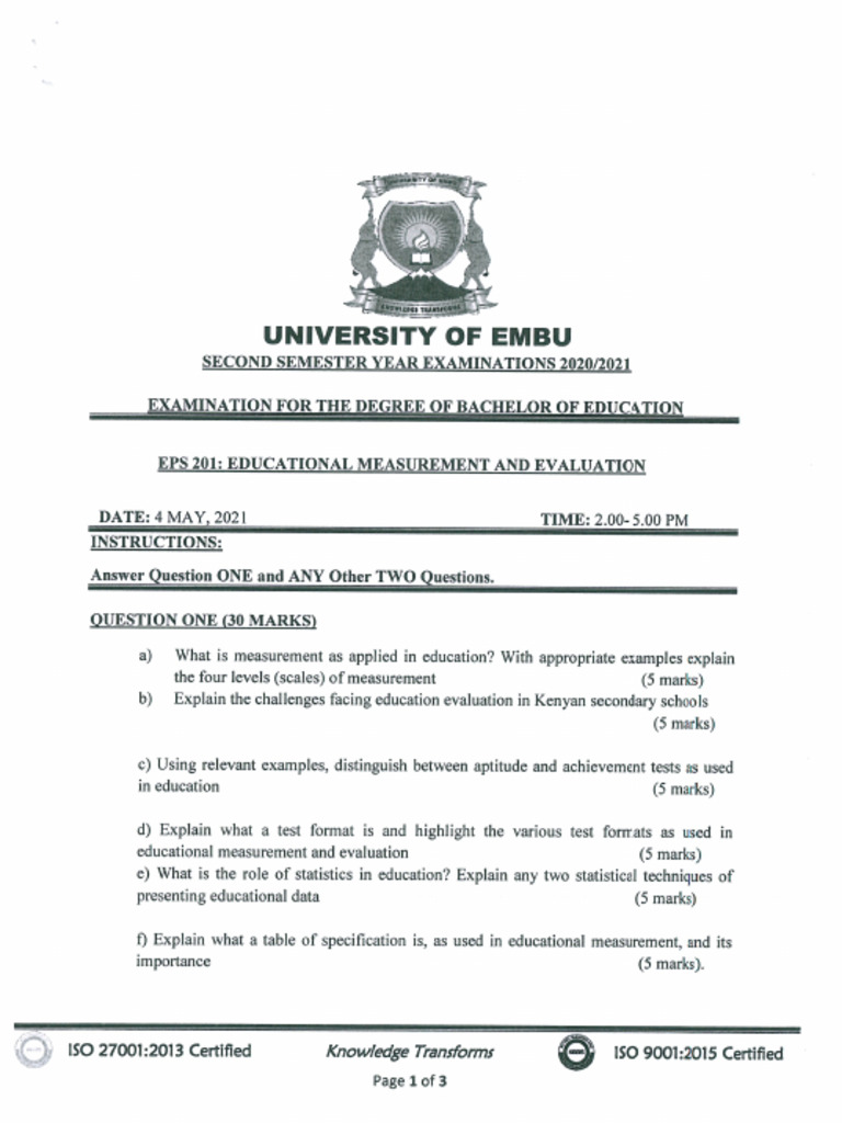 Eps 201 Educational Measurement and Evaluation | PDF | Evaluation Methods | Statistical Analysis
