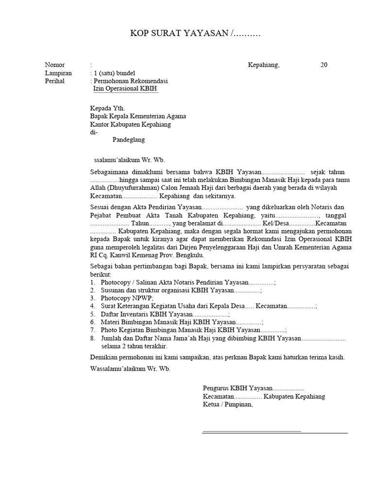 Contoh Permohonan Rekomendasi Izin Operasional KBIHU | PDF