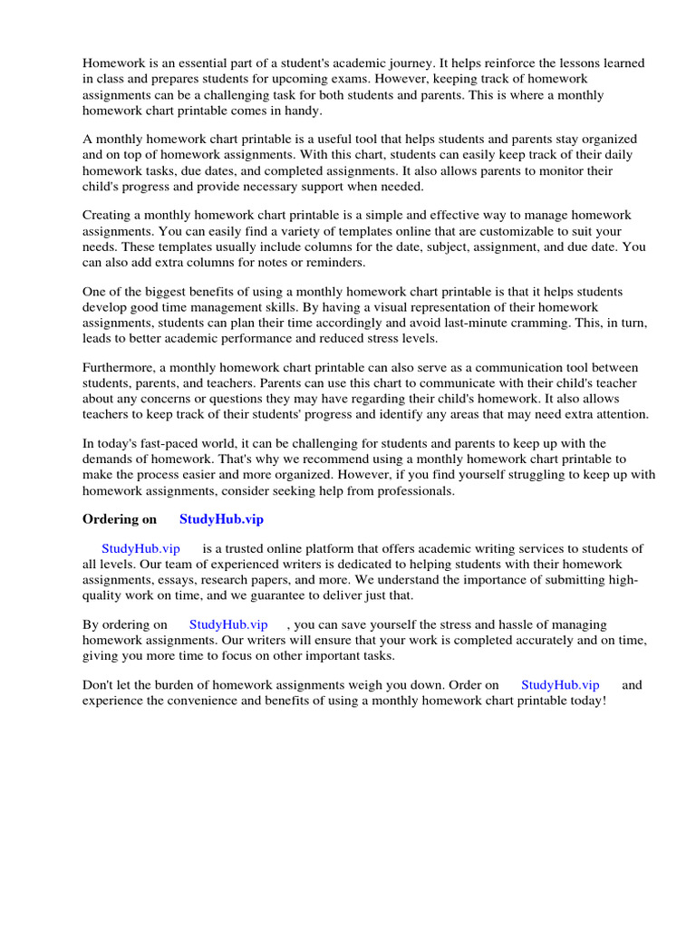 Monthly Homework Chart Printable Guide | PDF | Homework | Teachers