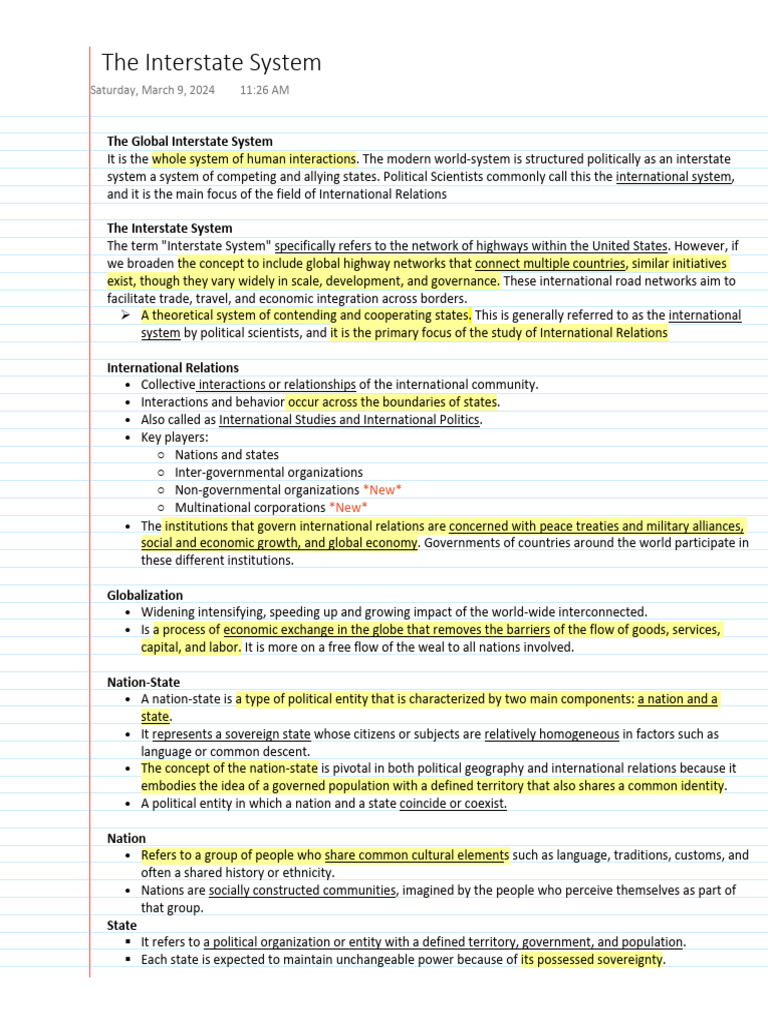 Interstate System Notes | PDF | Sovereignty | State (Polity)