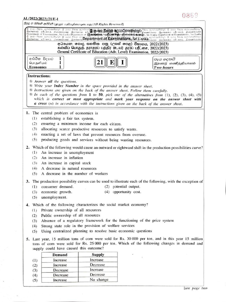 2022 AL Economics Past Paper - English Medium | PDF | Elasticity ...