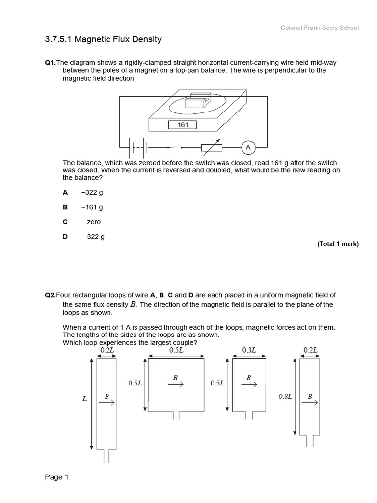 Magnetic Flux Density Exam Questions | PDF | Magnetic Field | Force