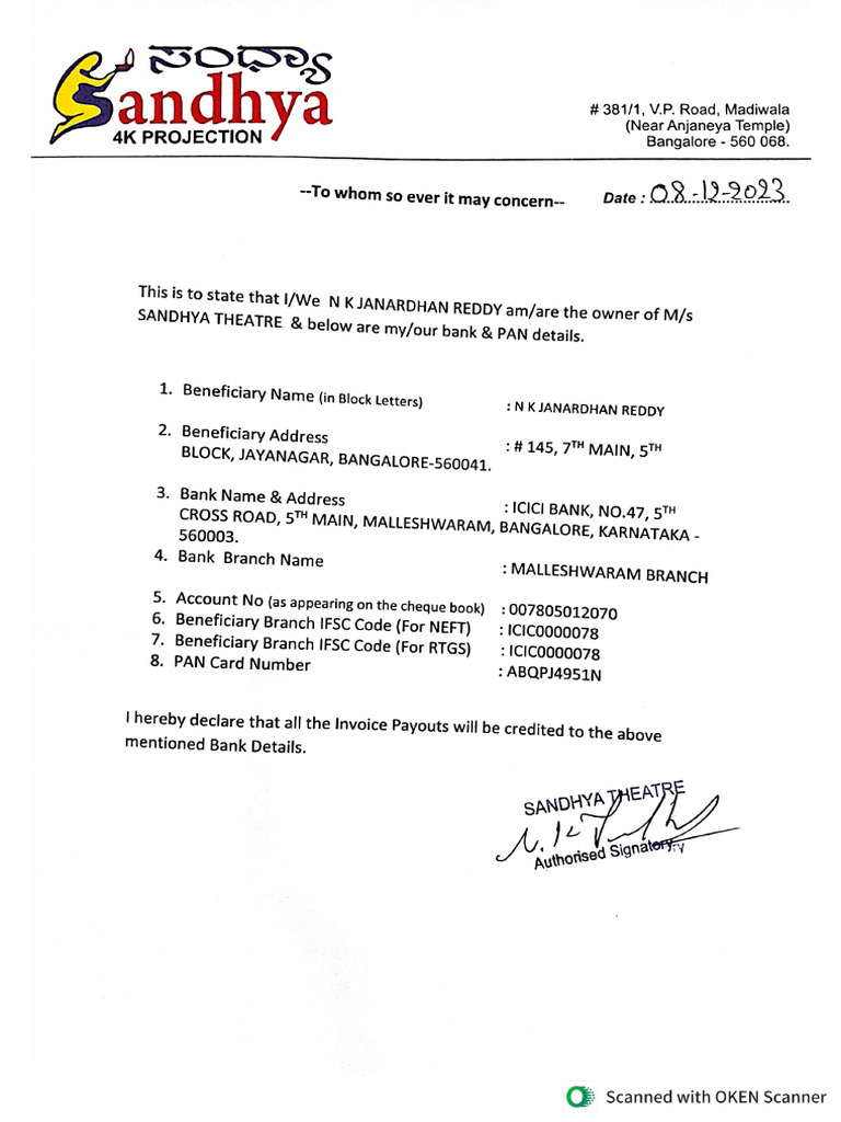 Manasa and Sandhya Bank and Proprietor Declaration Letter | PDF