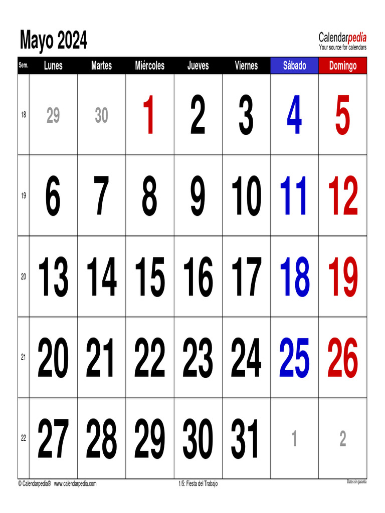 Calendario Mayo 2024 Espana Horizontal Grandes Cifras | PDF