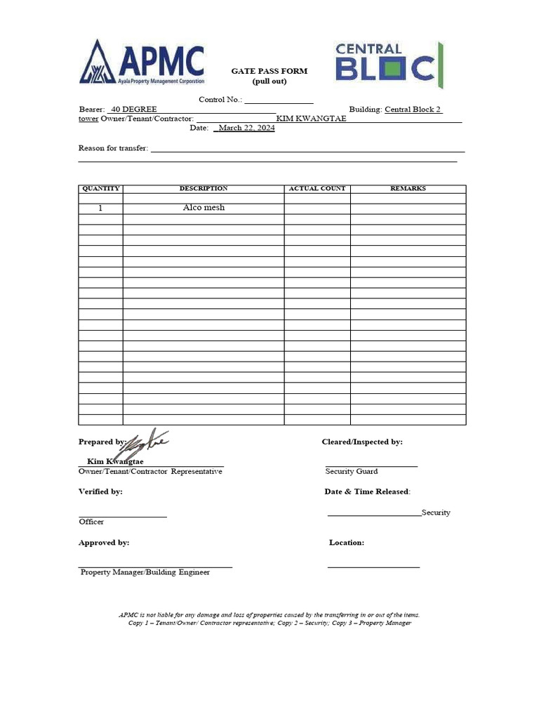 Gate Pass Form for Property Transfer | PDF