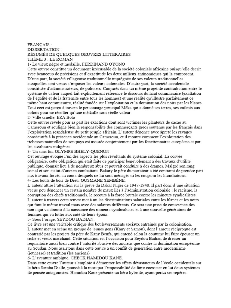 Résumés d'œuvres littéraires africaines | PDF