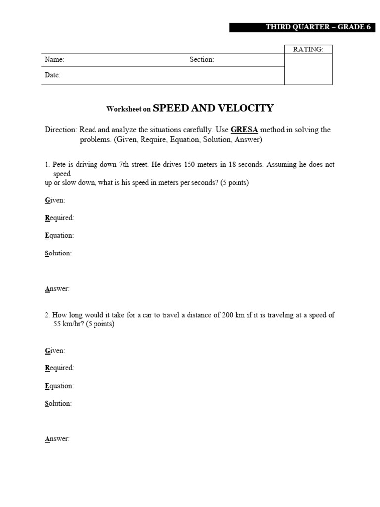 Worksheet On Speed and Velocity | PDF